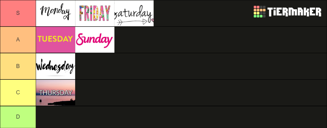 Days of the Week Tier List (Community Rankings) - TierMaker