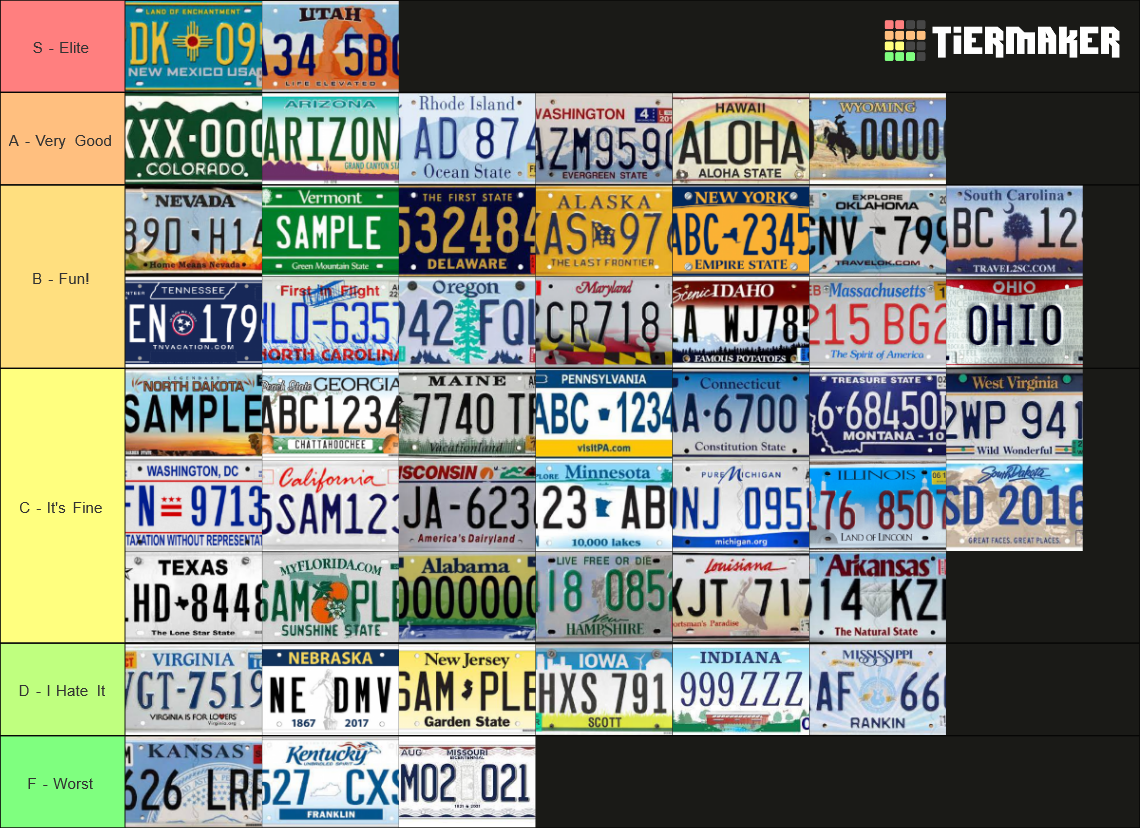 US State Standard License Plates Tier List (Community Rankings) - TierMaker