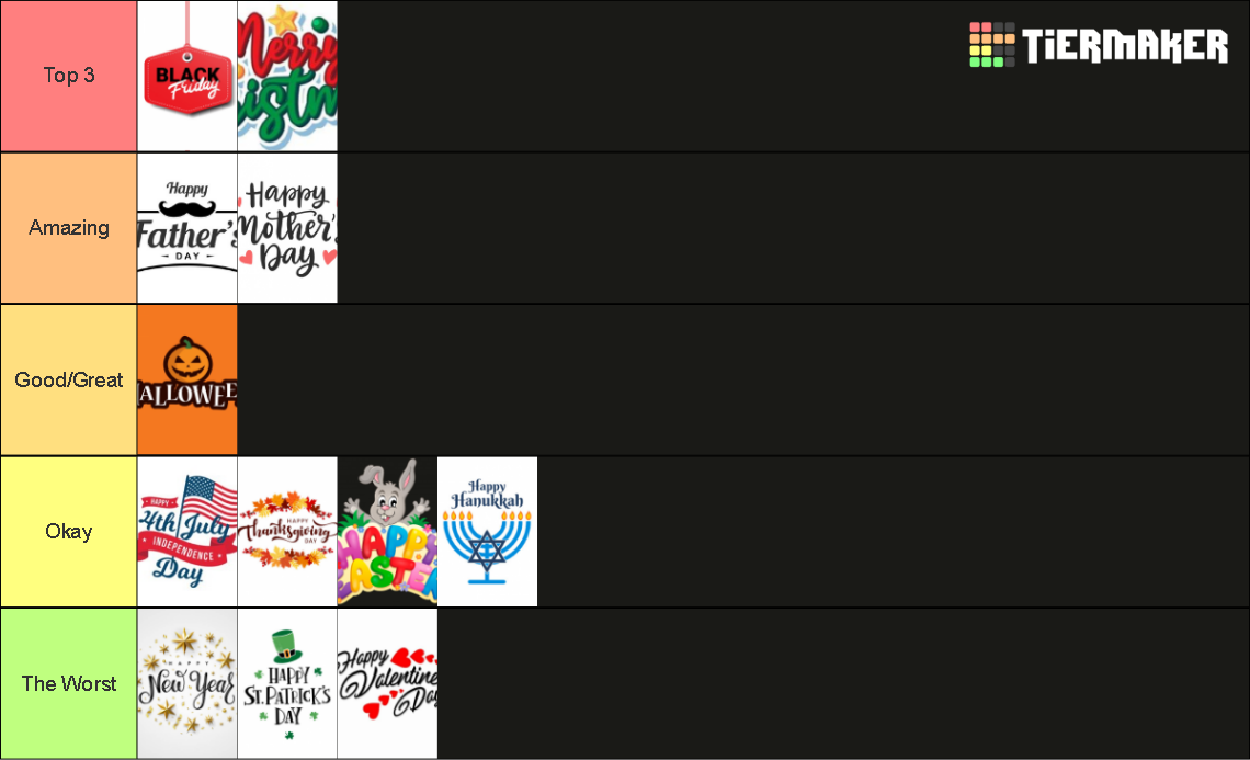Recent Holidays Tier Lists - TierMaker