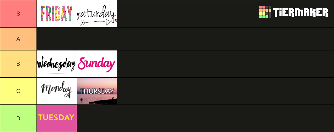 Days of the Week Tier List (Community Rankings) - TierMaker