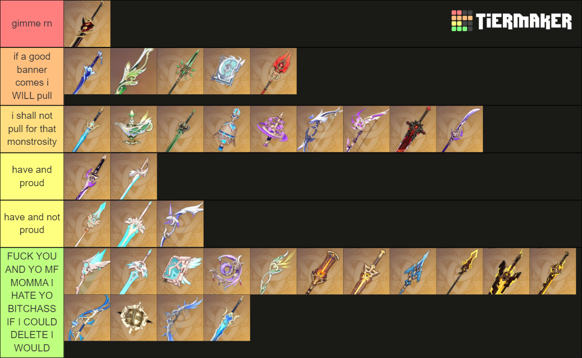 Genshin impact 5 star weapon 3.4 Tier List (Community Rankings) - TierMaker