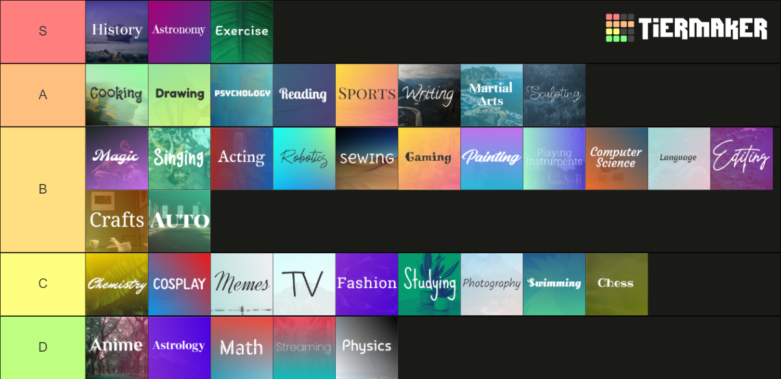 Hobbies/Interests Tier List (Community Rankings) - TierMaker