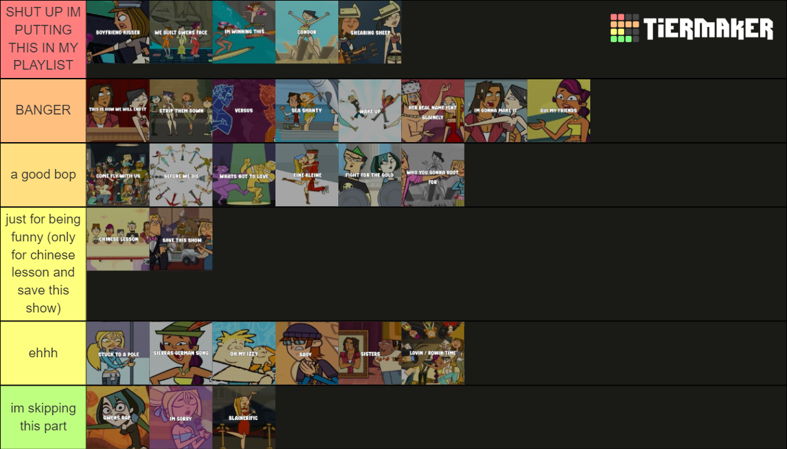 Total drama world tour songs Tier List (Community Rankings) - TierMaker