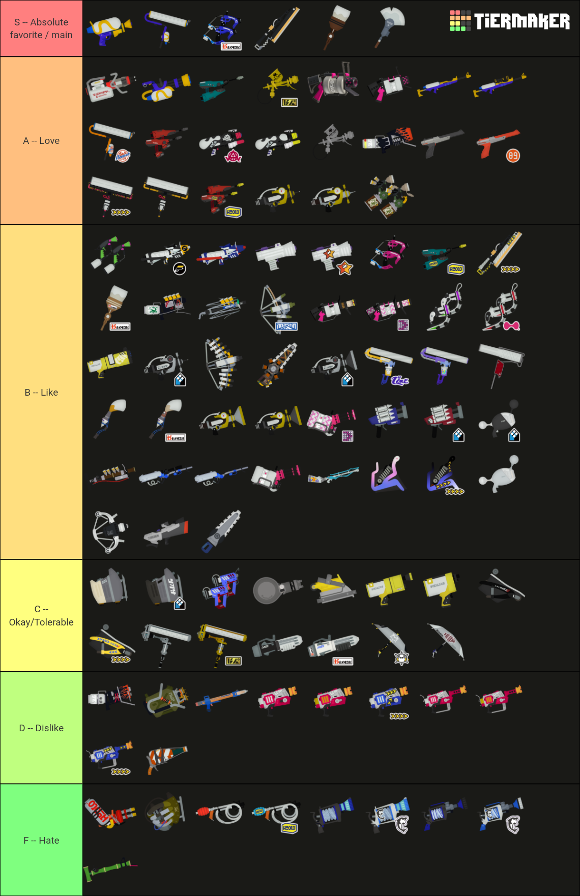 Splatoon main weapons ranking Tier List (Community Rankings) - TierMaker