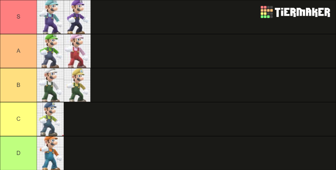 Super Smash Bros Ultimate Luigi's skins Tier List (Community Rankings) - TierMaker