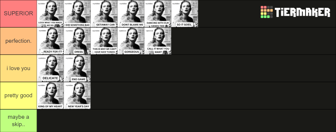 Rank every Taylor Swift Reputation song Tier List (Community Rankings ...
