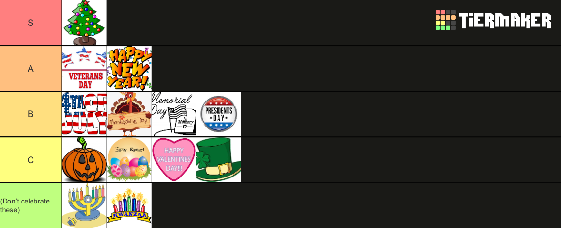 Holidays Tier List (Community Rankings) - TierMaker
