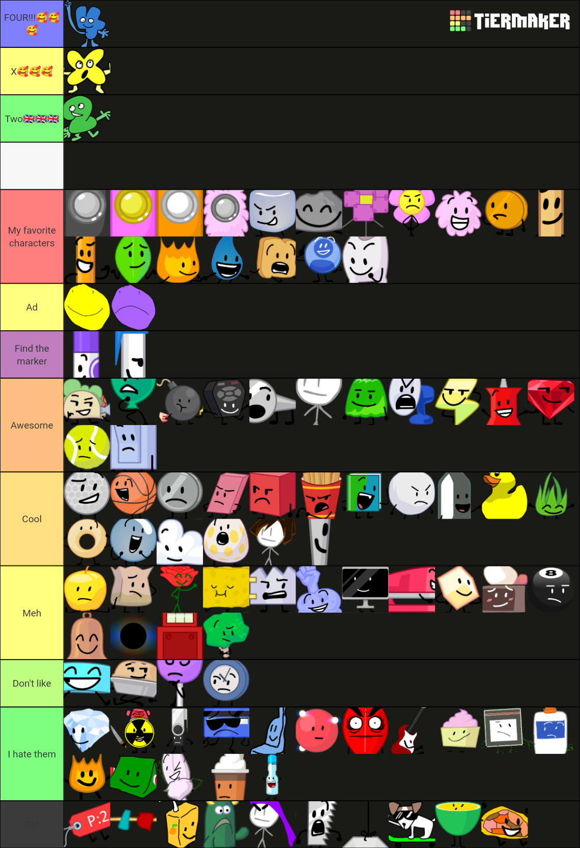 BFDI and BFDI mini series contestants and hosts Tier List (Community ...