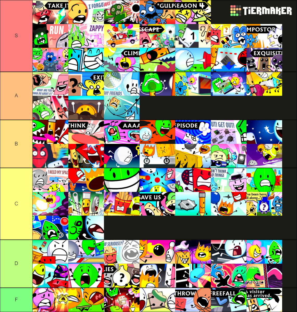 All BFDI episodes (as of TPOT 10) Tier List (Community Rankings) - TierMaker