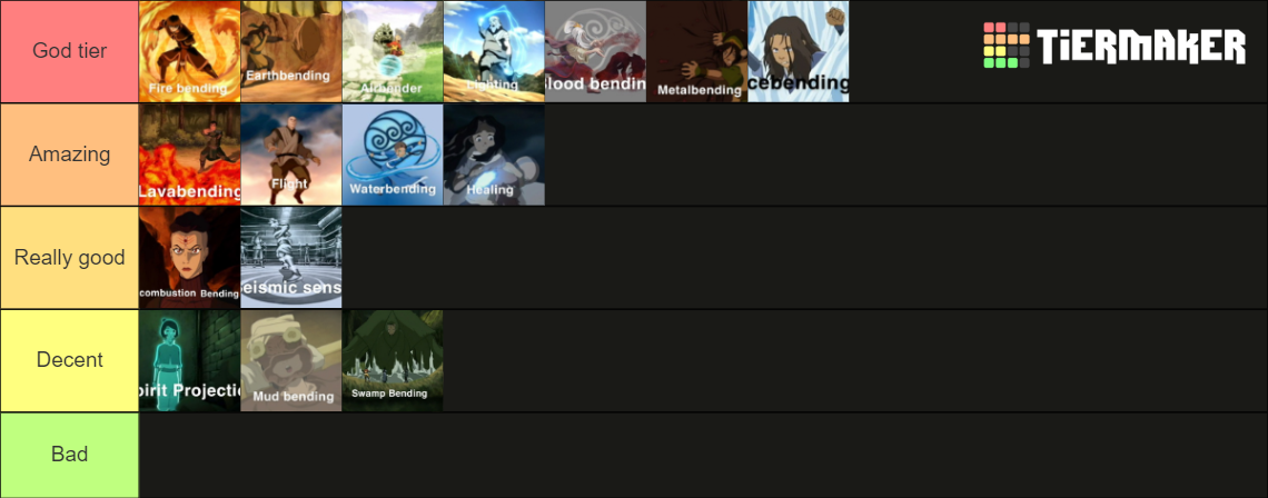 Avatar The Last Airbender Bending and Sub Bending types Tier List ...