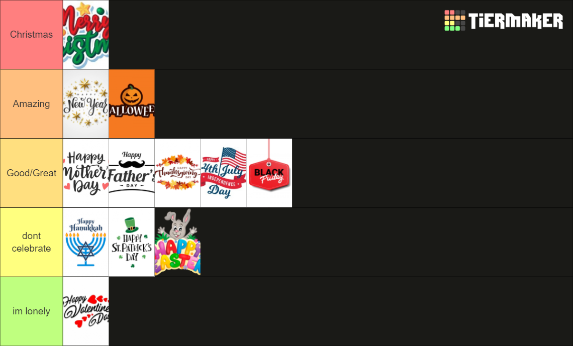 Recent Holidays Tier Lists - TierMaker