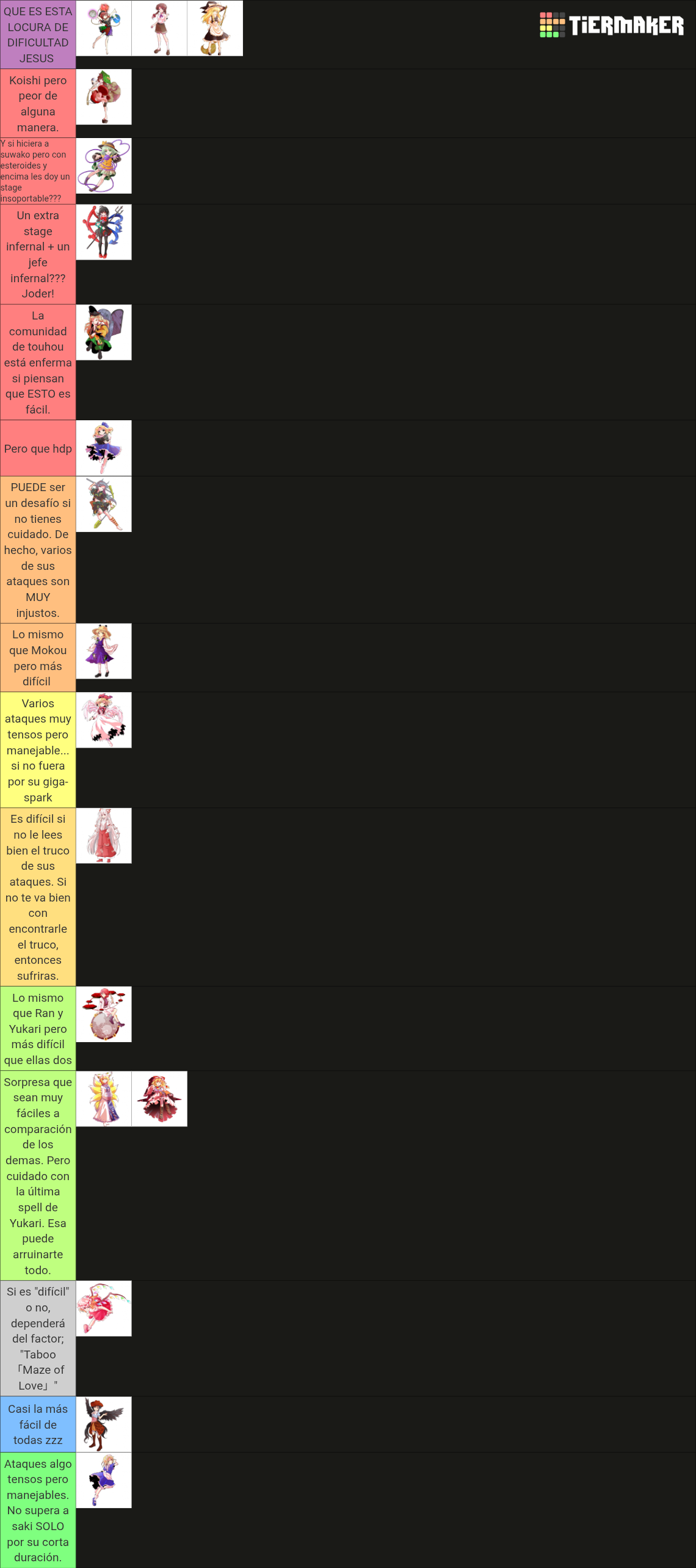 Touhou Extra Bosses Difficult Tier List (Community Rankings) - TierMaker
