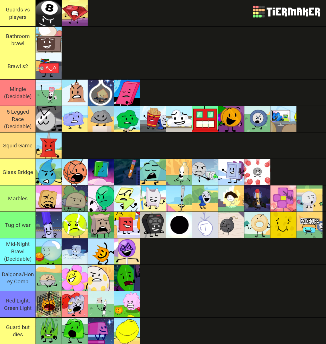 Squid Game But With BFDI Characters (S1-S2 Challenges) Tier List ...