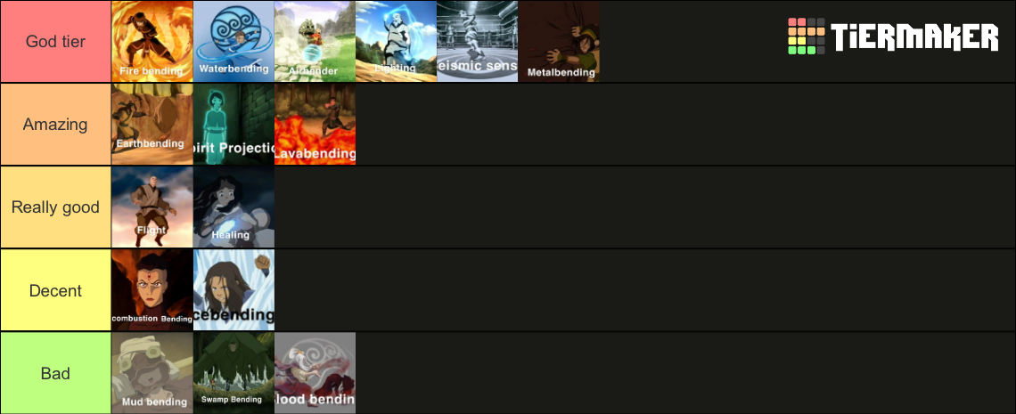 Avatar The Last Airbender Bending and Sub Bending types Tier List ...