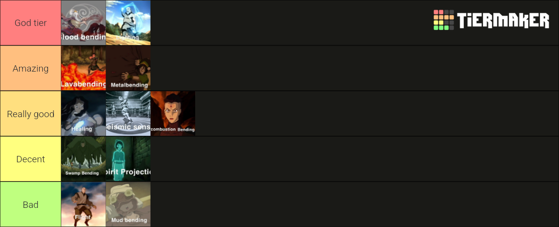 Avatar The Last Airbender Bending and Sub Bending types Tier List ...