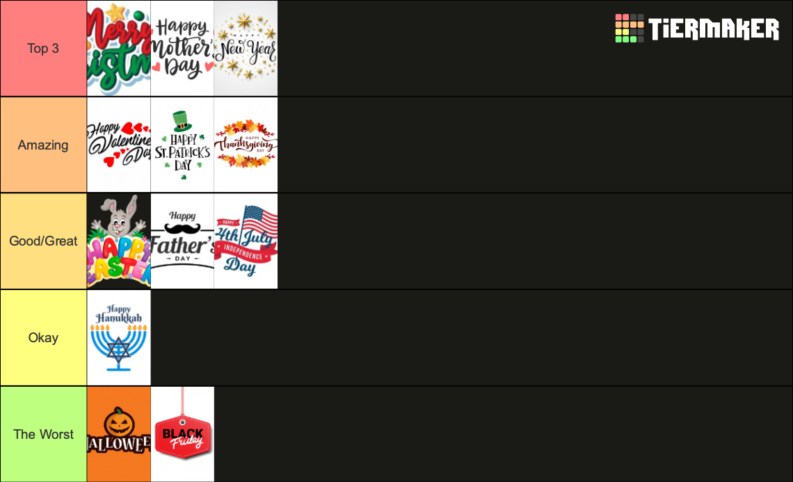 Holidays Tier List (Community Rankings) - TierMaker