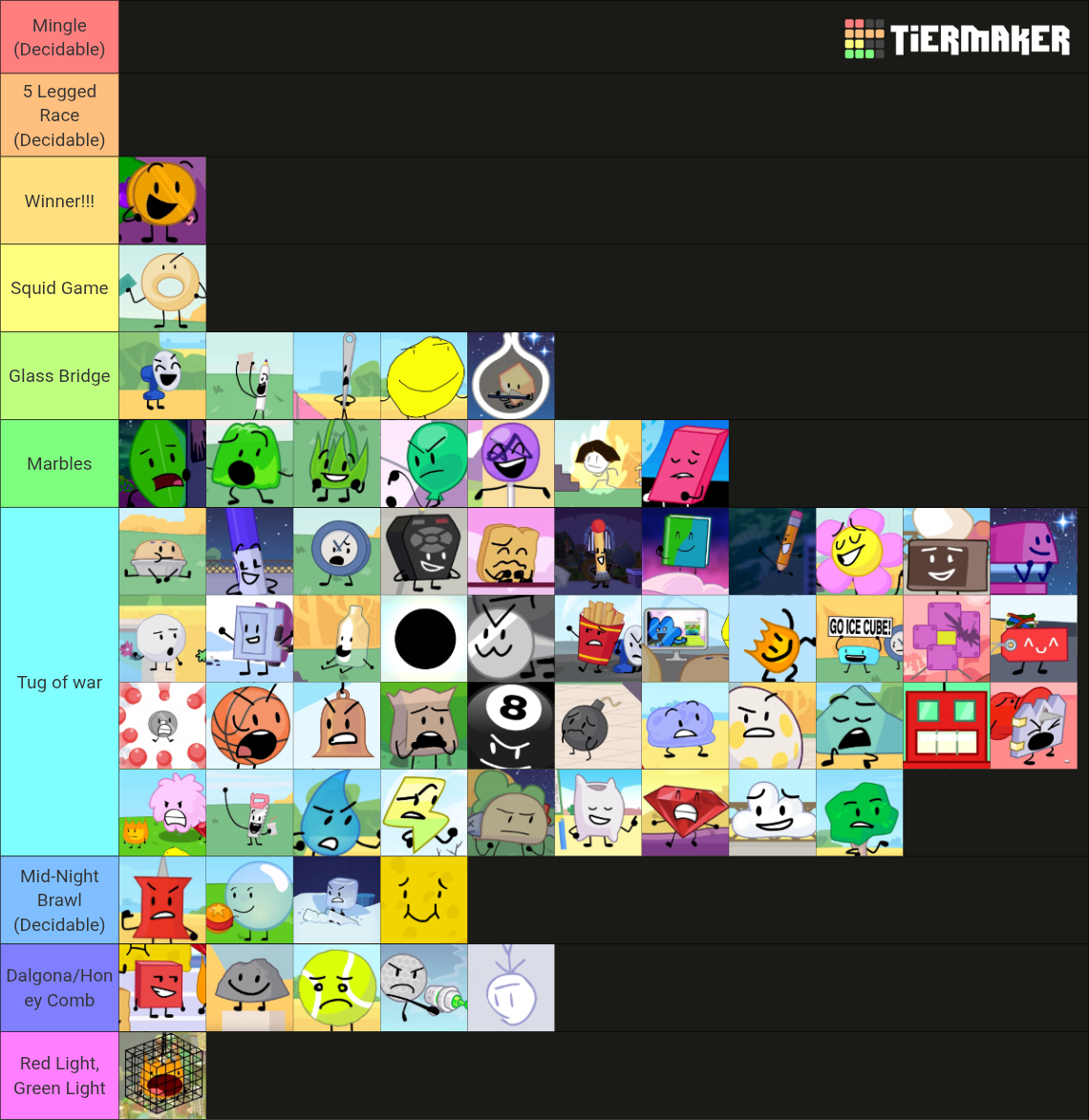 Squid Game But With BFDI Characters (S1-S2 Challenges) Tier List ...