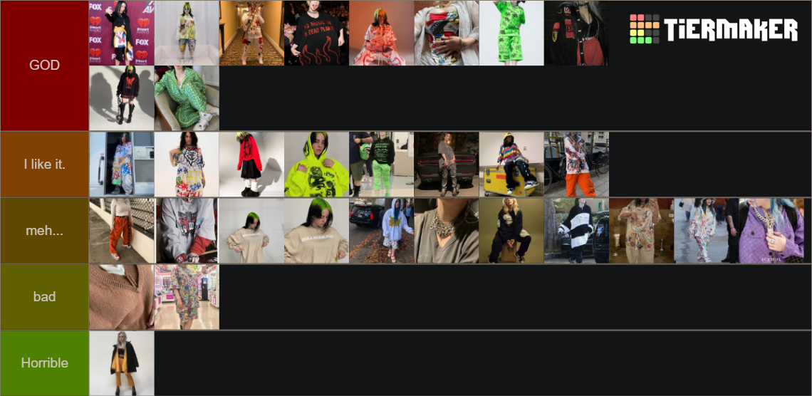 Billie Eilish outfits Tier List (Community Rankings) - TierMaker