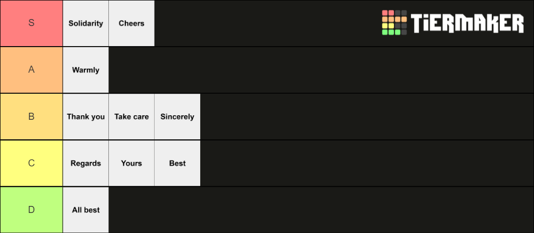 Professional Email Closings Tier List (Community Rankings) - TierMaker