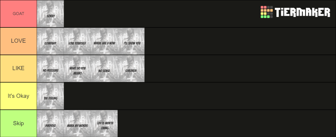 JUSTIN BIEBER SONG RANKING Tier List (Community Rankings) - TierMaker JUSTIN BIEBER SONG RANKING Tier List (Community Rankings) - TierMaker