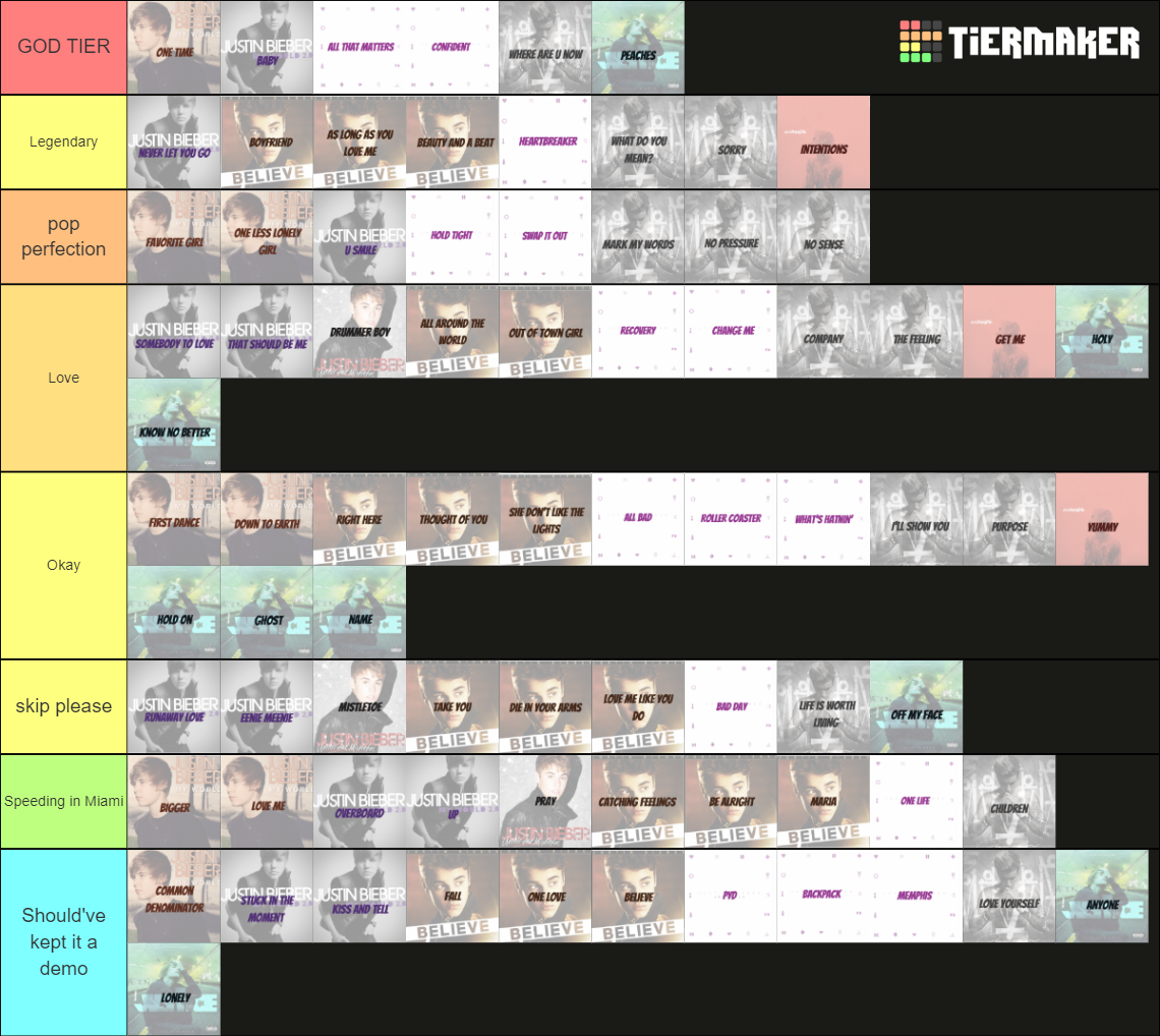 JUSTIN BIEBER SONG RANKING Tier List (Community Rankings) - TierMaker JUSTIN BIEBER SONG RANKING Tier List (Community Rankings) - TierMaker