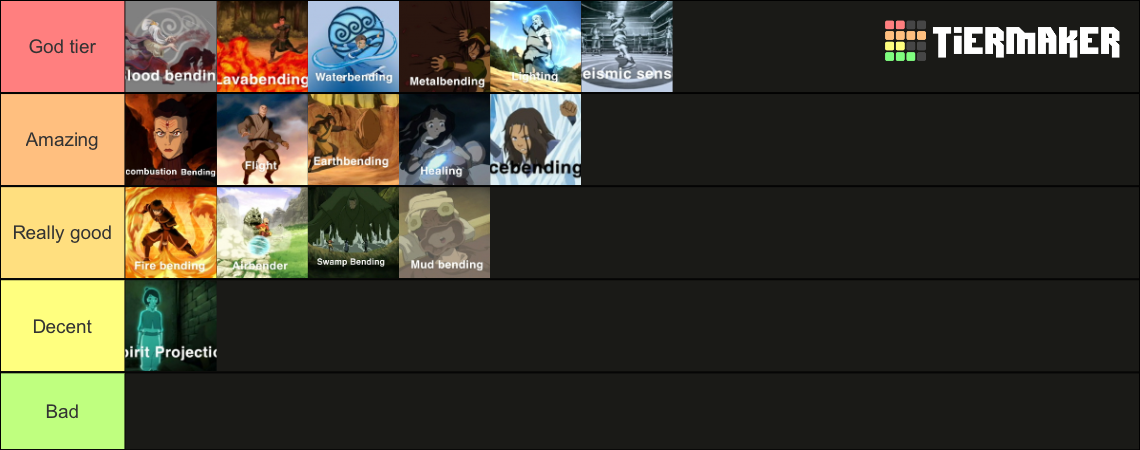 Avatar The Last Airbender Bending and Sub Bending types Tier List ...