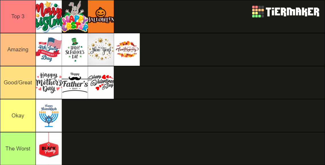 Holidays Tier List (Community Rankings) - TierMaker