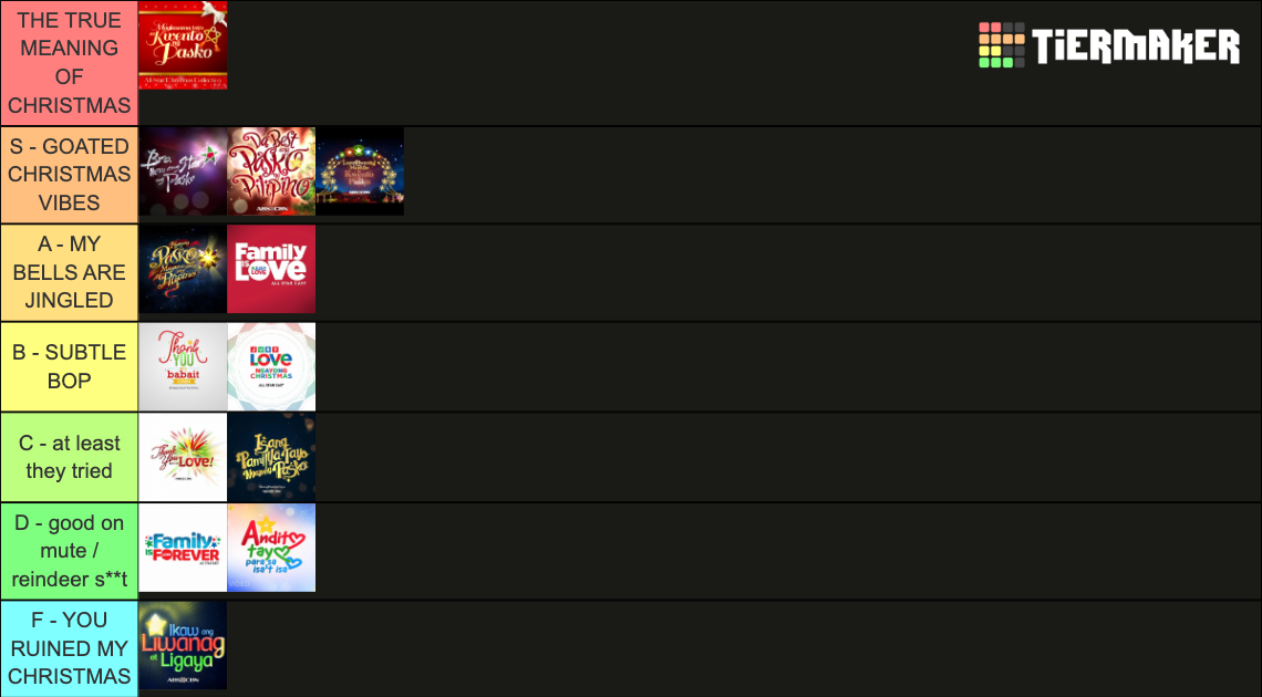 ABS CBN CHRISTMAS ID Tier List (Community Rankings) - TierMaker ABS CBN CHRISTMAS ID Tier List (Community Rankings) - TierMaker