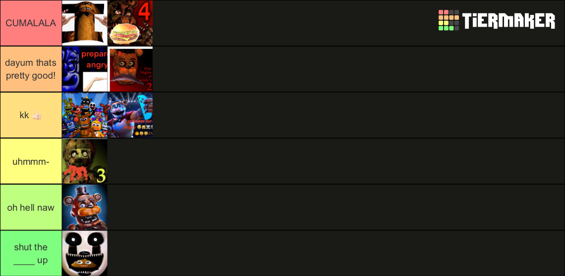 Epic Five Night’s At Freddy’s Tierlist (the only valid one) Tier List ... Epic Five Night’s At Freddy’s Tierlist (the only valid one) Tier List ...