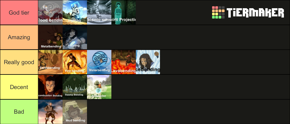Avatar The Last Airbender Bending and Sub Bending types Tier List ...