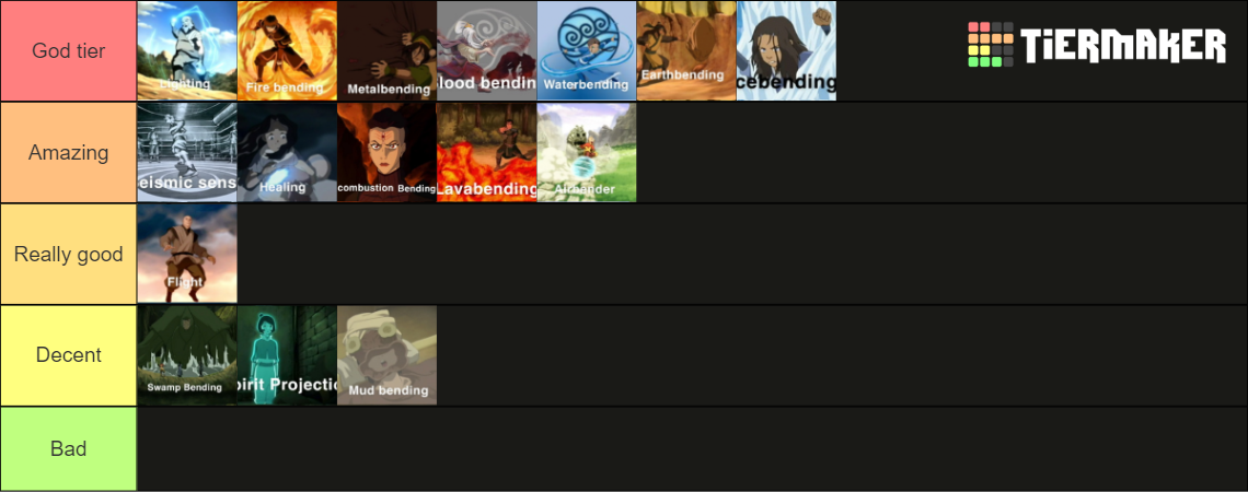 Avatar The Last Airbender Bending and Sub Bending types Tier List ...