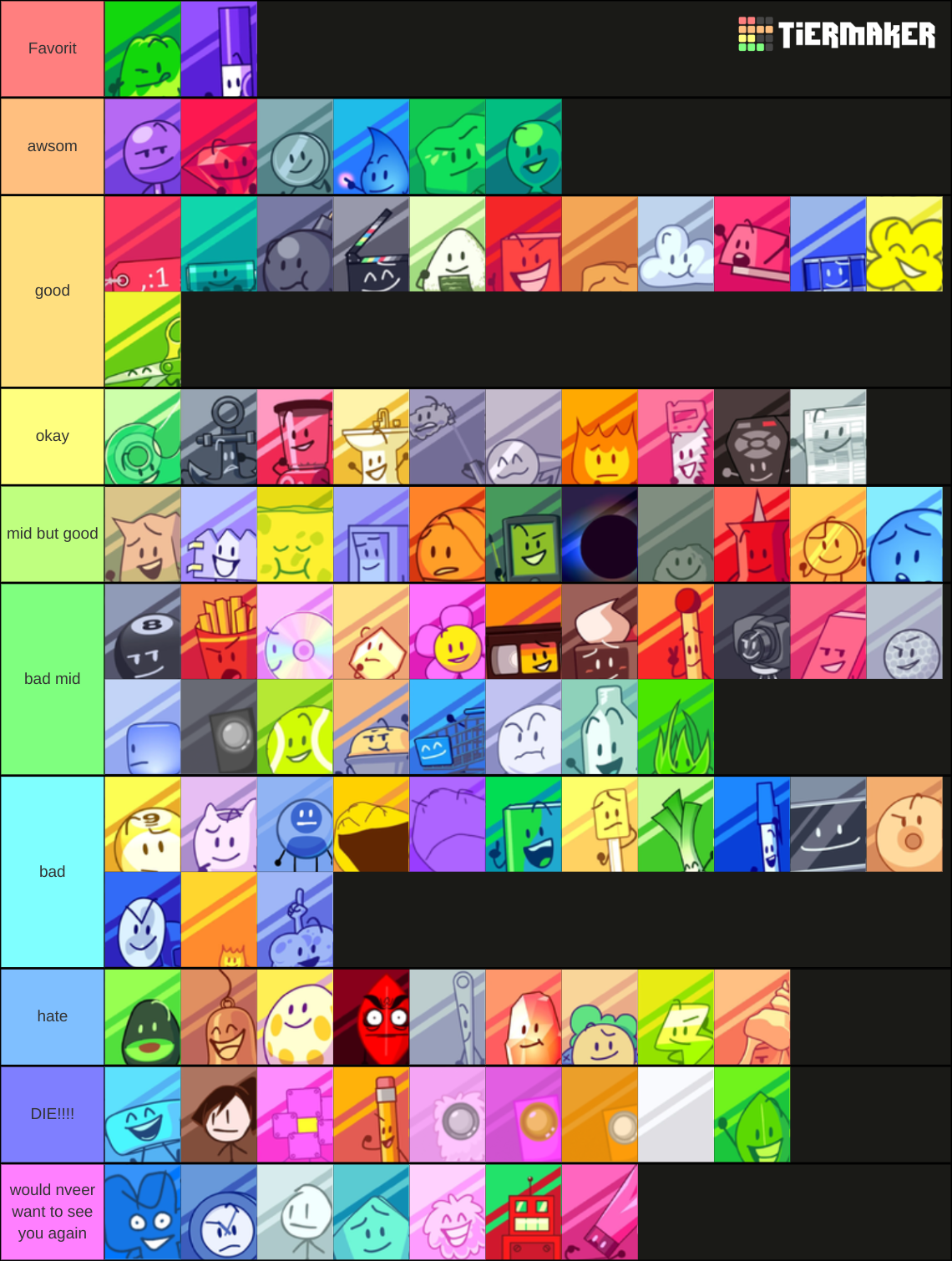 BFB/TPOT debuters + Evil leafy, profiley, and purple face Tier List ...