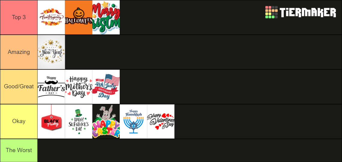 Holidays Tier List (Community Rankings) - TierMaker