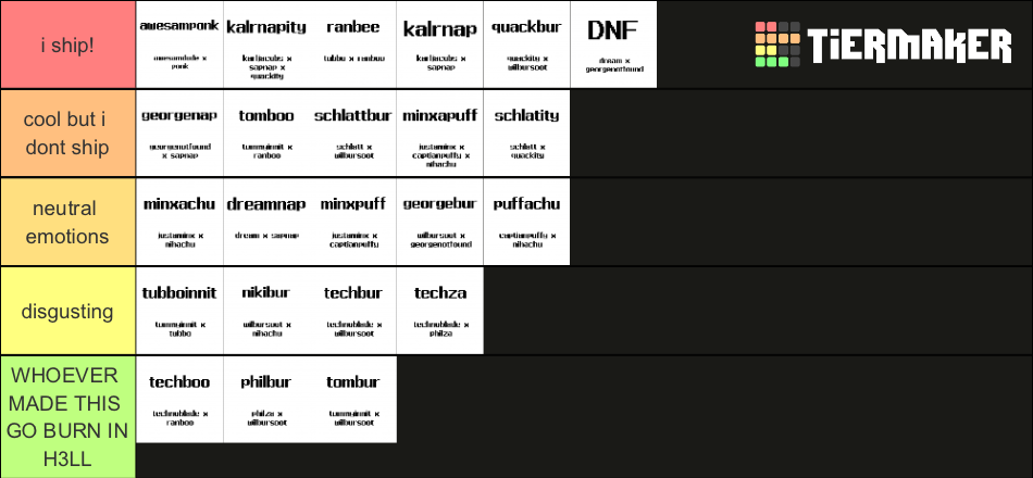 mcyt/dsmp ships Tier List (Community Rankings) - TierMaker