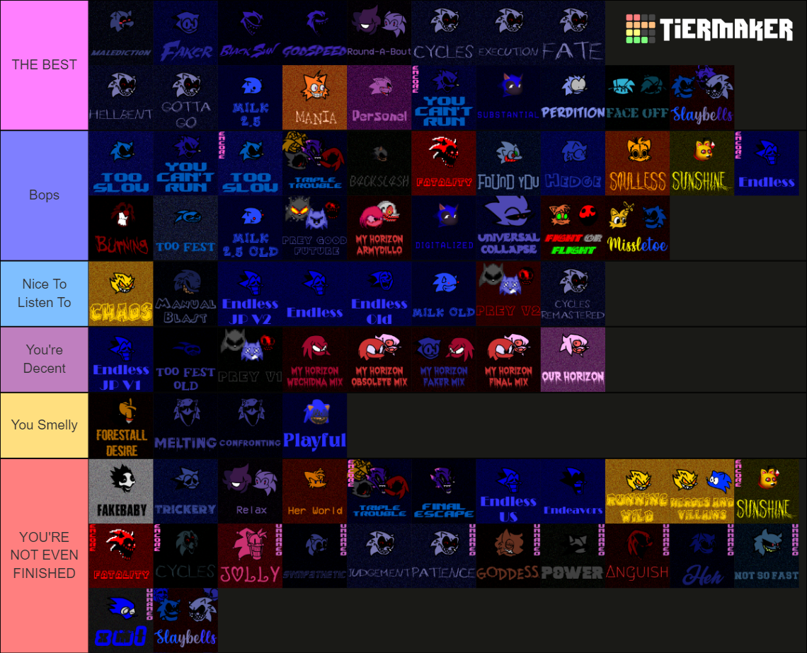 VS Sonic.EXE Song Tierlist [V1-V2.5/V3, Includes WIPs] Tier List (Community Rankings) - TierMaker