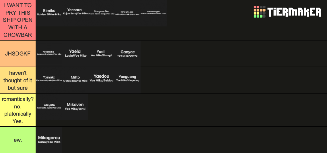 yae miko ships ranker Tier List (Community Rankings) - TierMaker