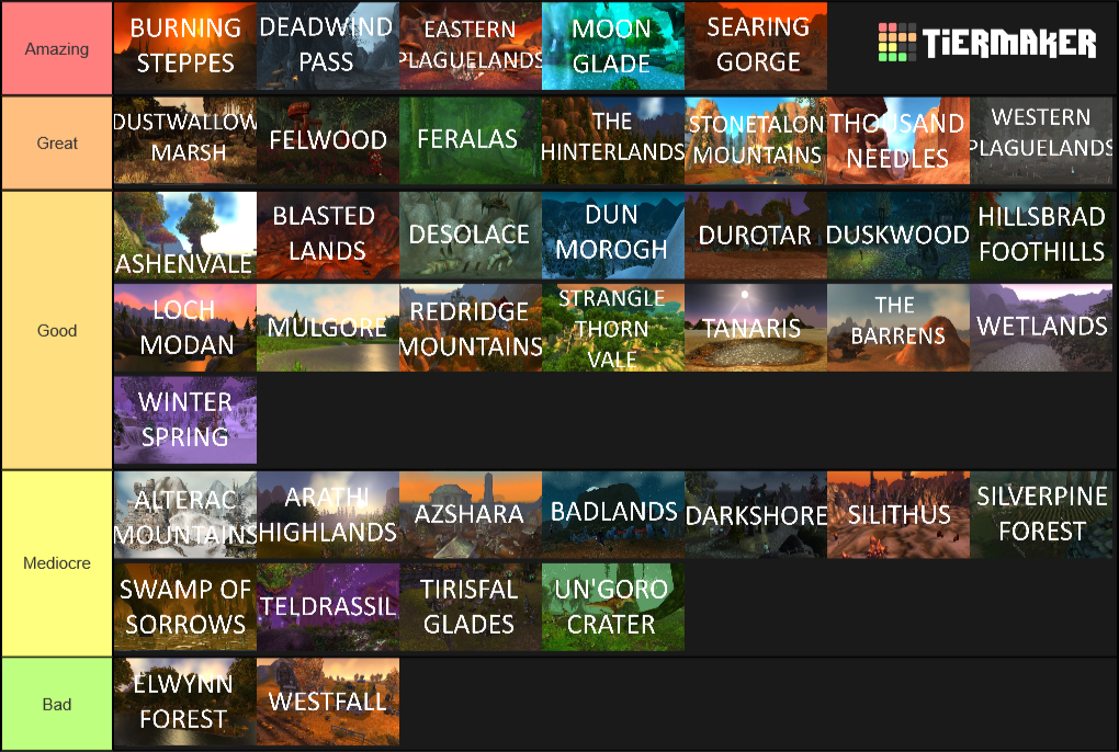 Create a World of Warcraft Classic zones Tier List - Tier Maker
