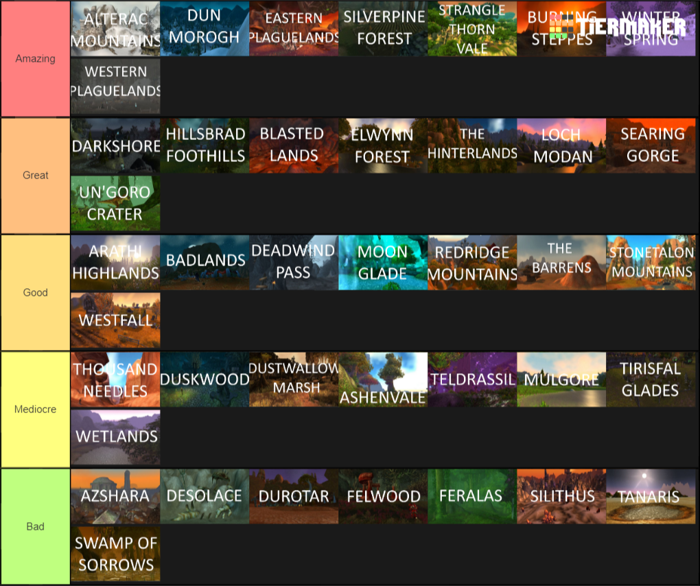 Create a World of Warcraft Classic zones Tier List - Tier Maker