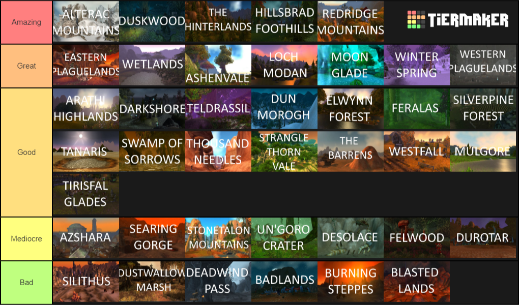 Create a World of Warcraft Classic zones Tier List - Tier Maker